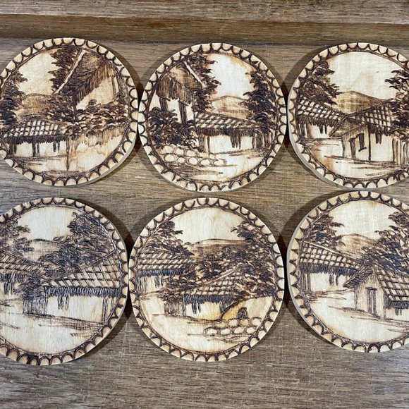 Dining | Set Of 6 Pyrography Wood Burned Wood Coasters Island Houses ...